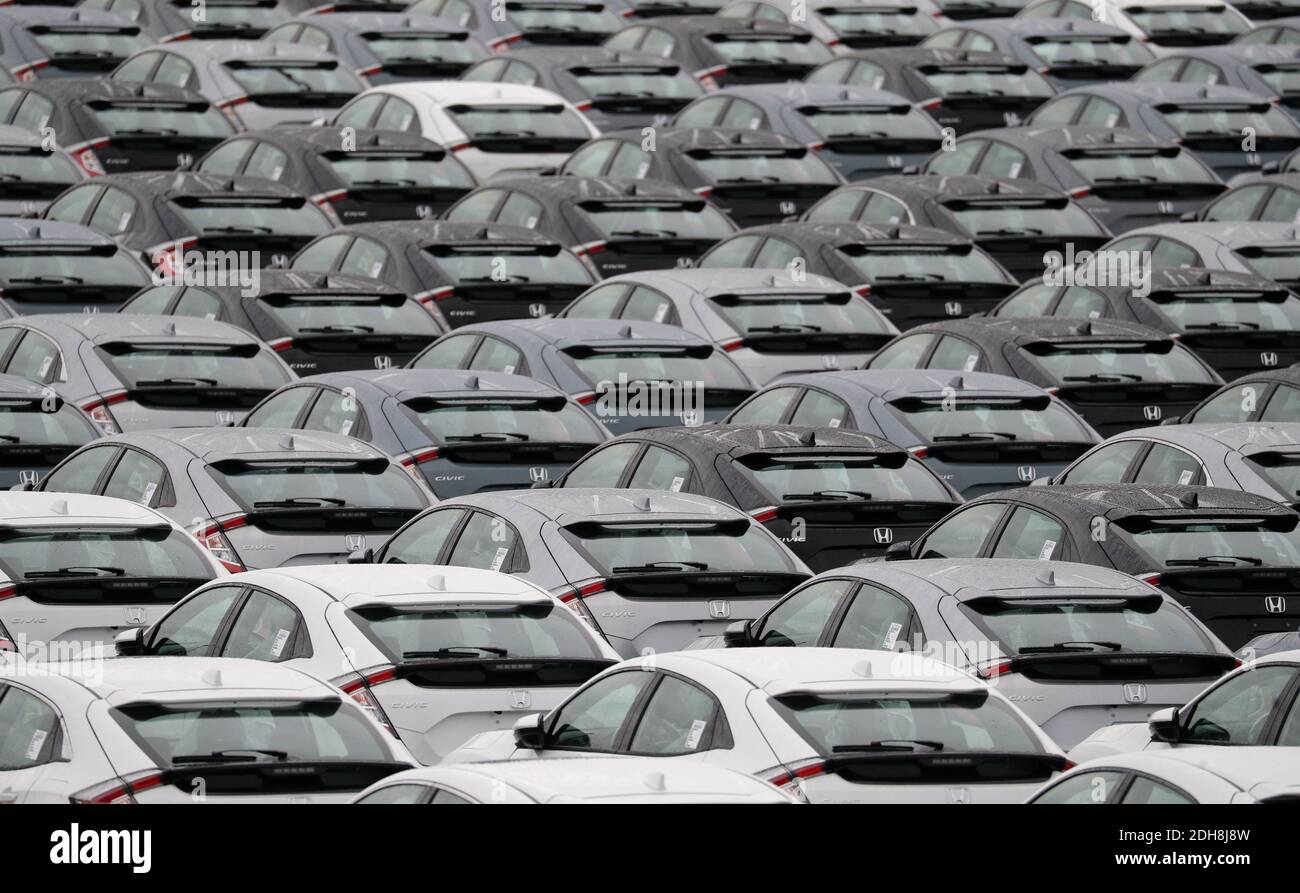 General view of Honda Civic cars lines up ready for export at the ...