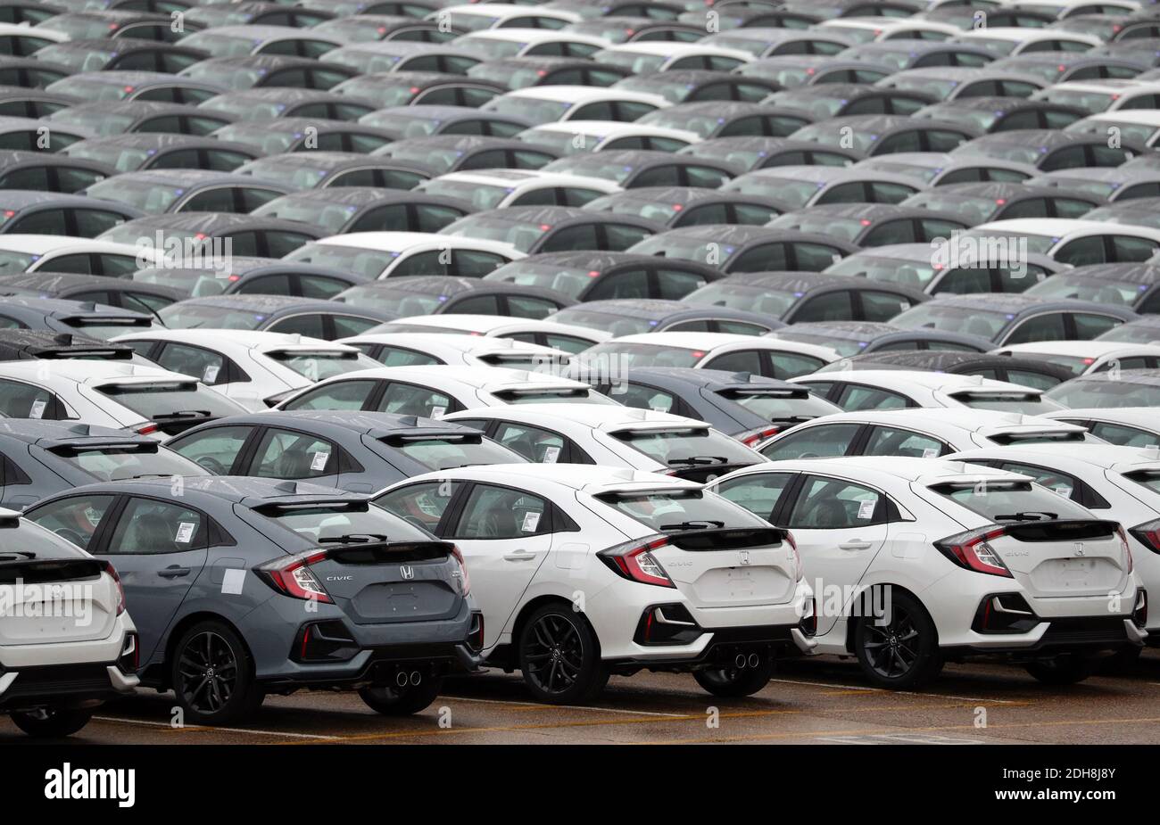 General view of Honda Civic cars lines up ready for export at the ...