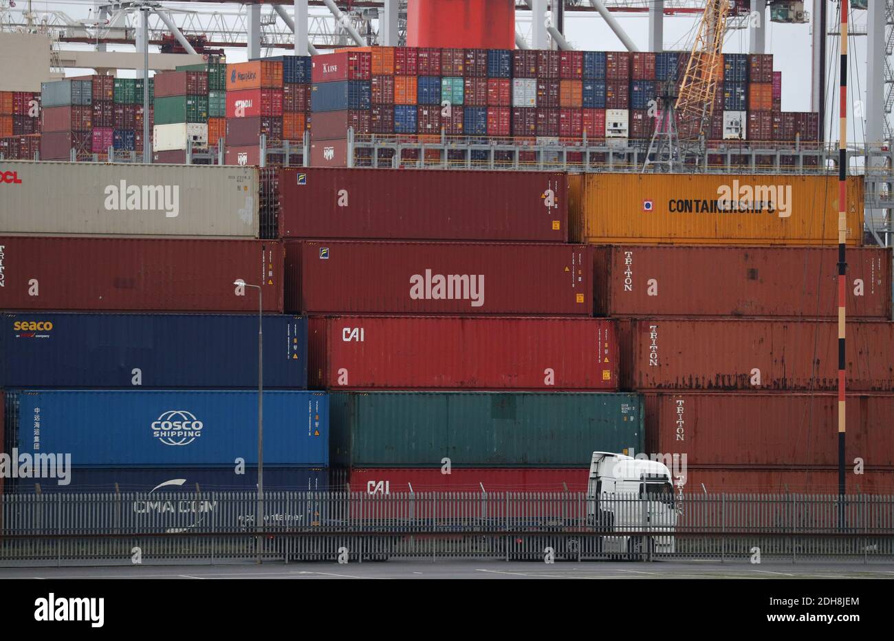General view of containers stacked up at the Western Docks at the Port ...