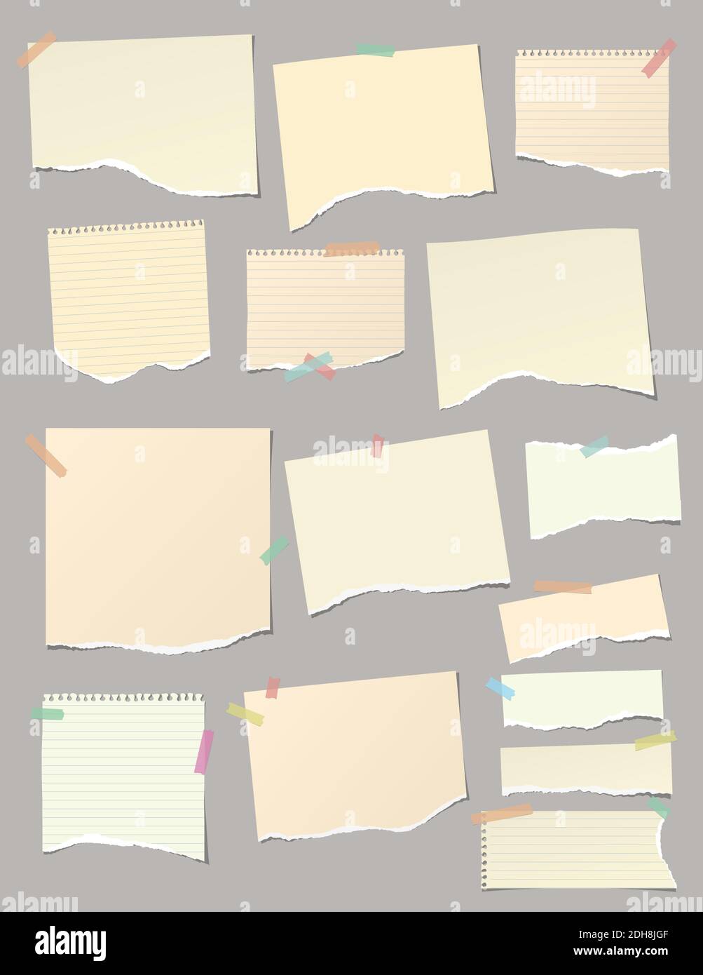 Set of torn yellow note, notebook paper pieces stuck with sticky tape ...