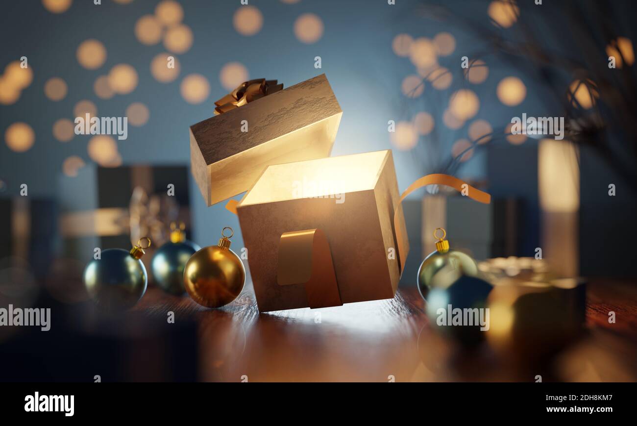 Christmas at Home scene, gift unboxing and unwrapping a surprise ...