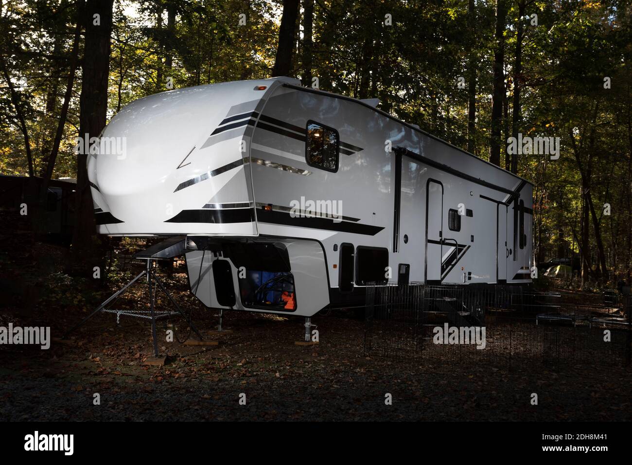 Fifth wheel camping trailer at Falls Lake North Carolina in the fall ...