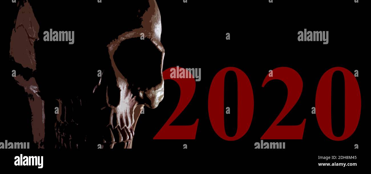 3D rendering of a human skull with the number 2020 behind on a black ...