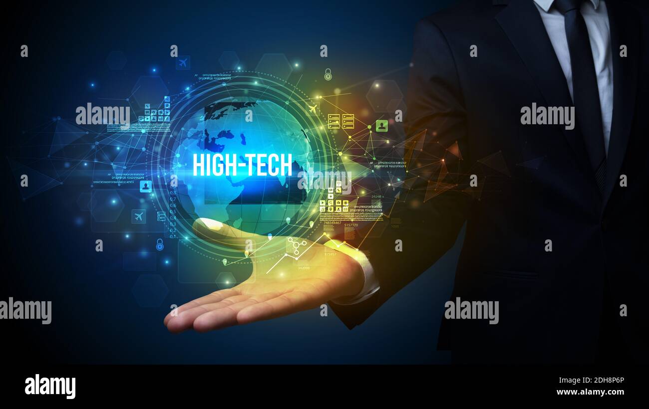 Elegant hand holding HIGH-TECH inscription, digital technology concept ...