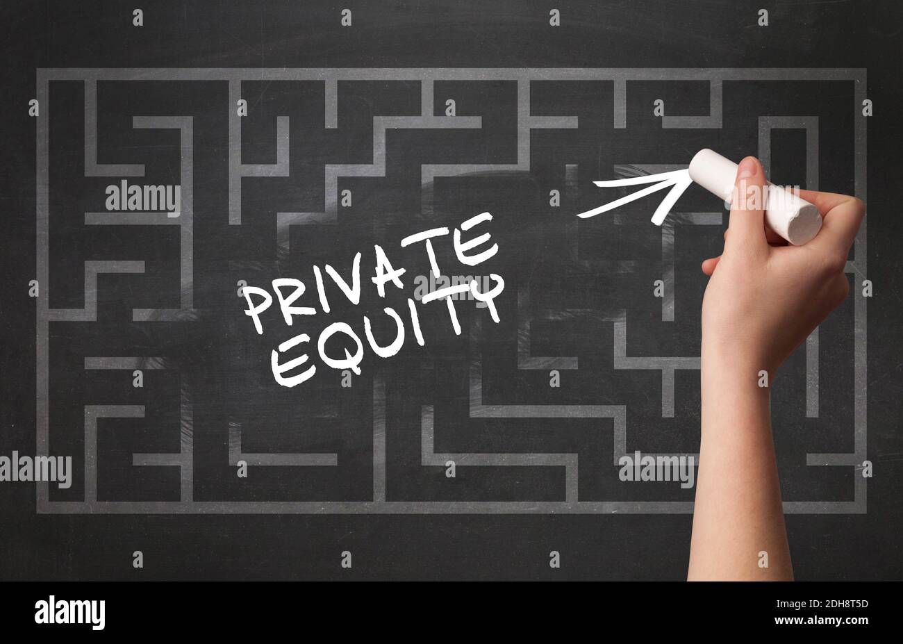 Hand drawing PRIVATE EQUITY inscription with white chalk on blackboard ...