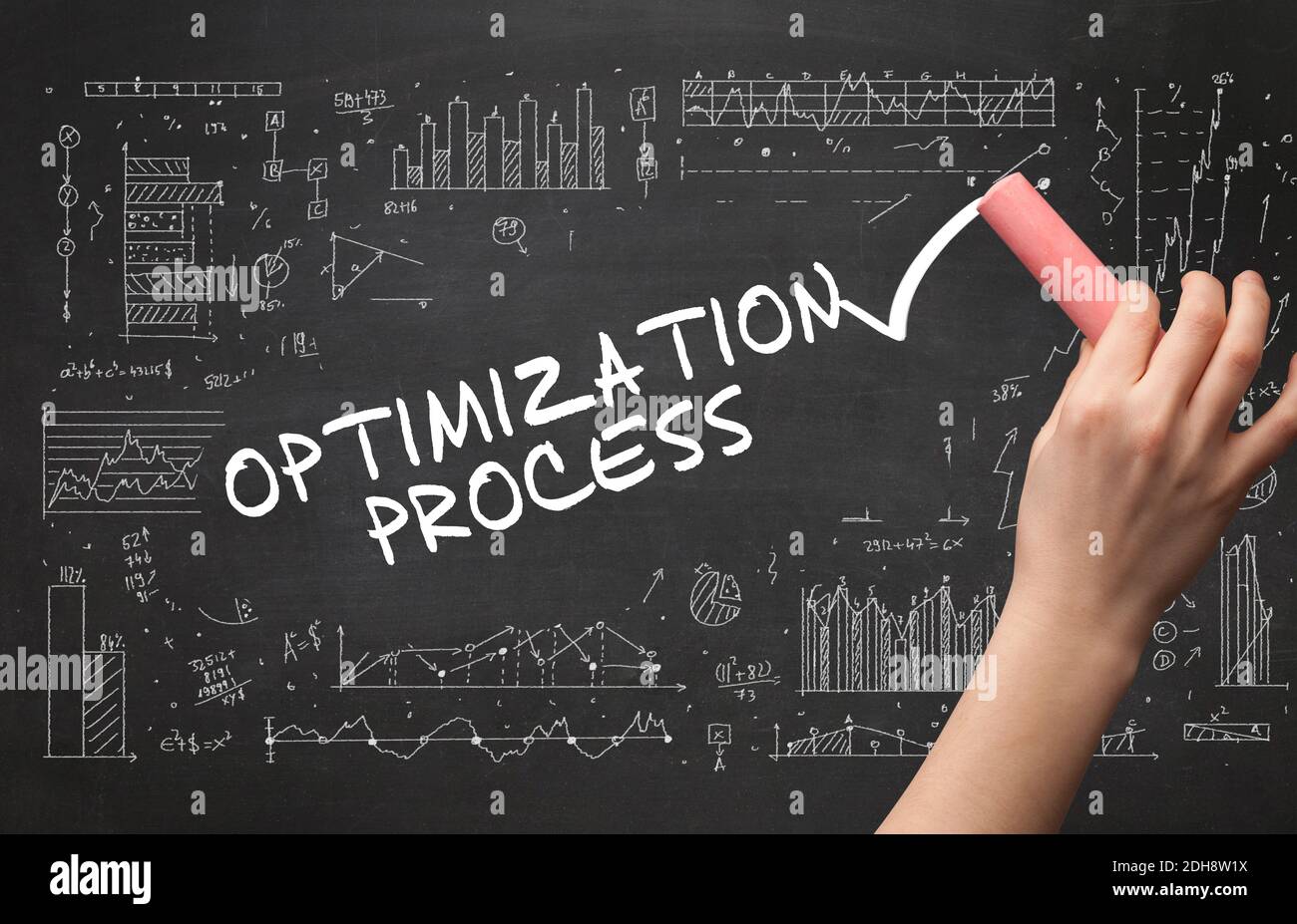 Hand drawing OPTIMIZATION PROCESS inscription with white chalk on ...