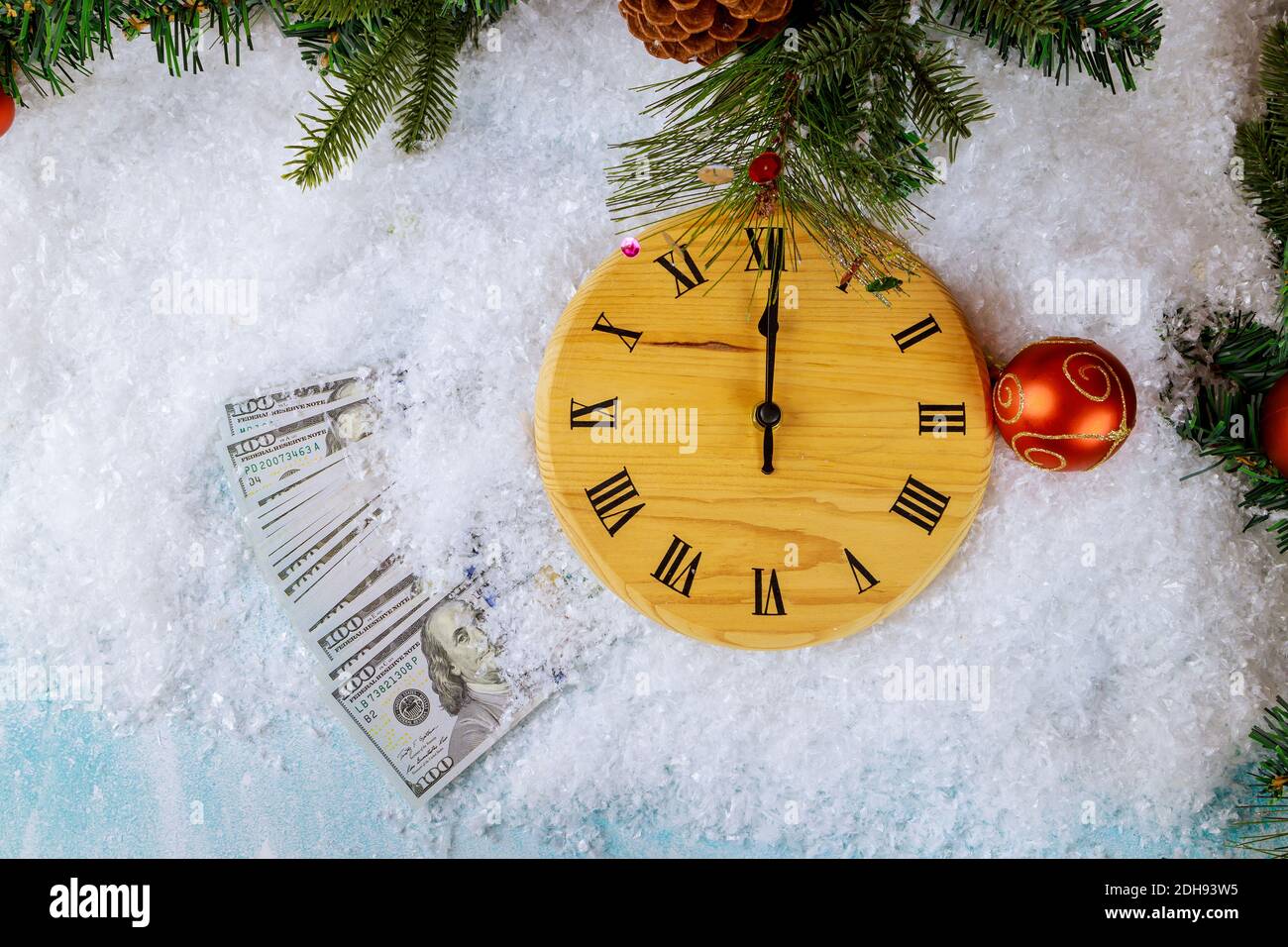 Happy New Year winter holiday greeting card design with snow clocks ...