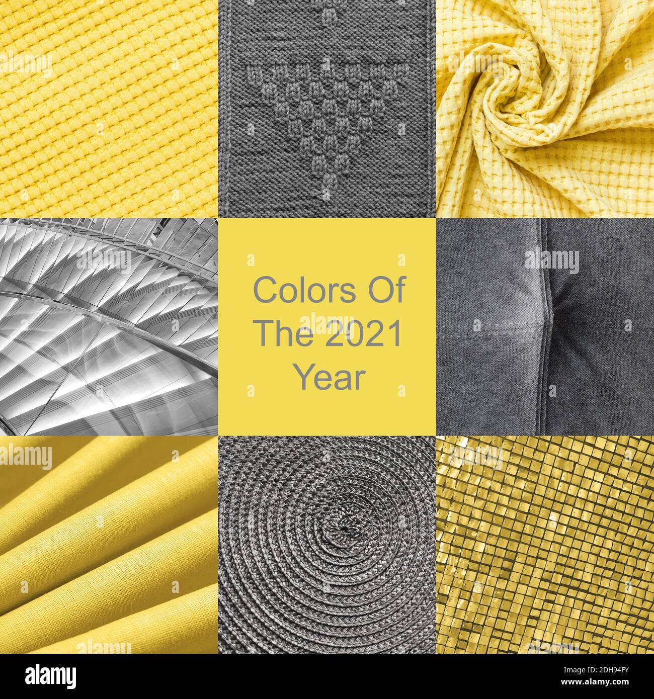 Trendy square collage of yellow and grey different texture and abstract ...