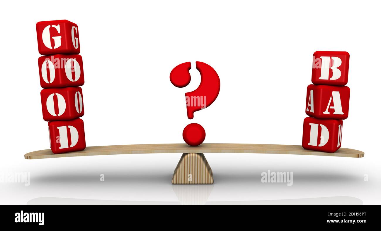 The words GOOD and BAD, made of red cubes, are weighed in the balance ...