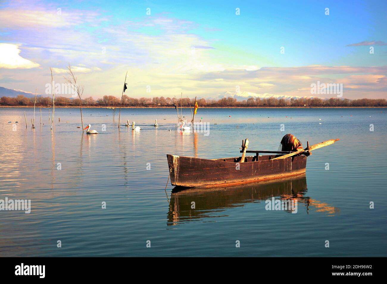 Fishing boat on Kerkini lake, an artificial reservoir created in 1932 ...