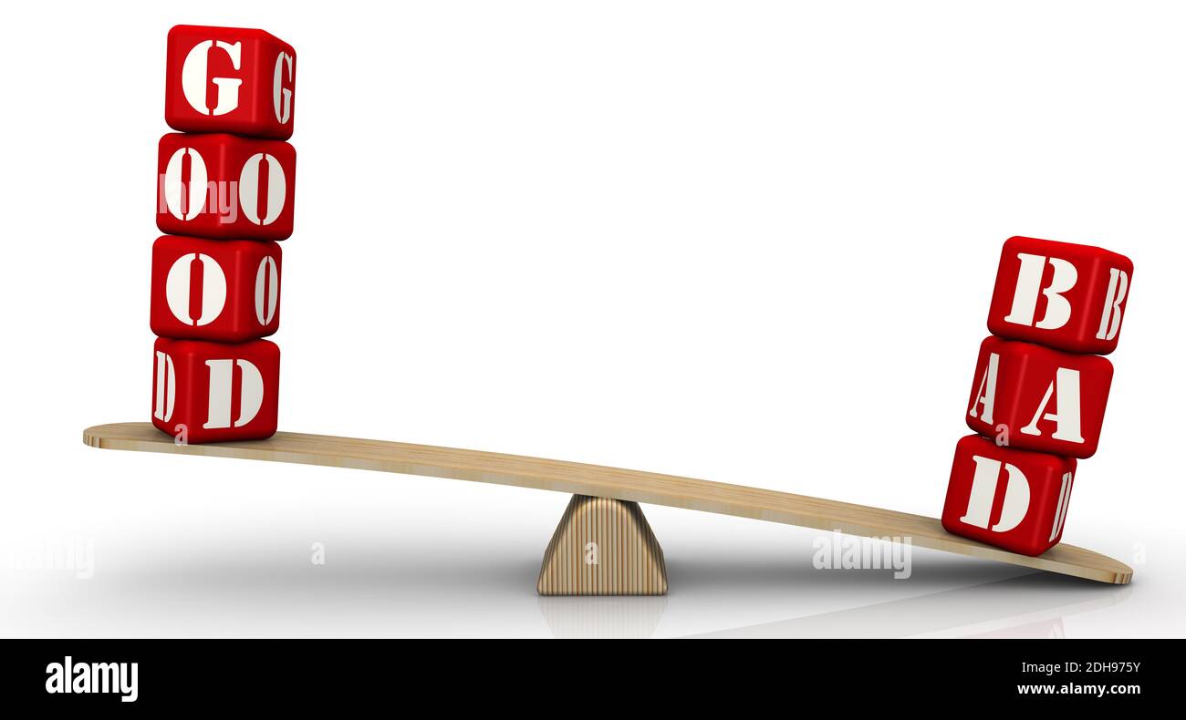 The words BAD and GOOD (made from red cubes with letters) are weighed ...
