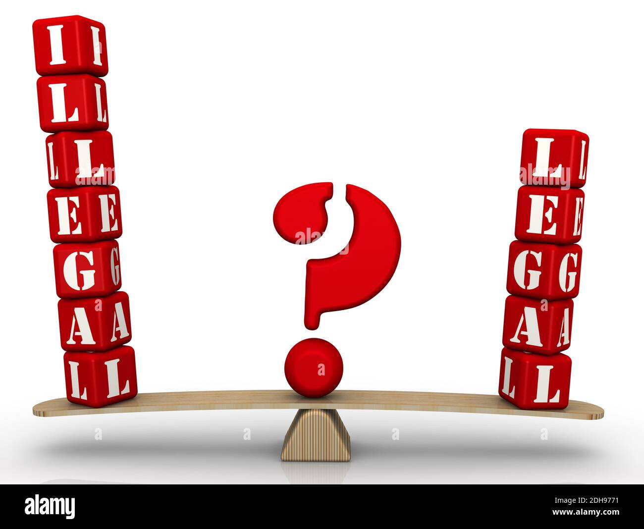 The words ILLEGAL and LEGAL, made of red cubes, are weighed in the ...