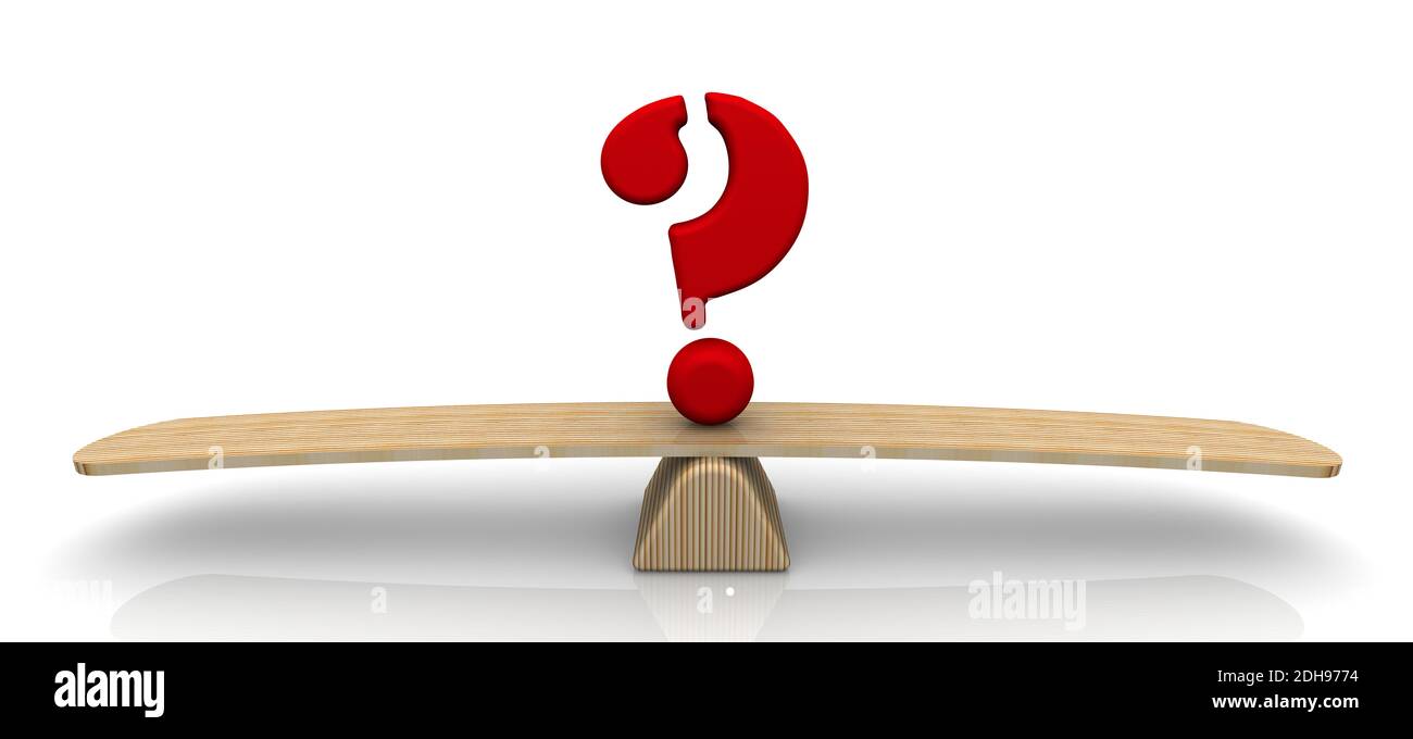 Red question mark on the scales. The scales in the equilibrium position ...