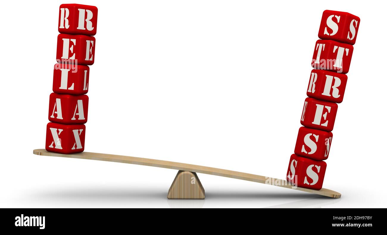 The words STRESS and RELAX (made from red cubes labeled with letters ...