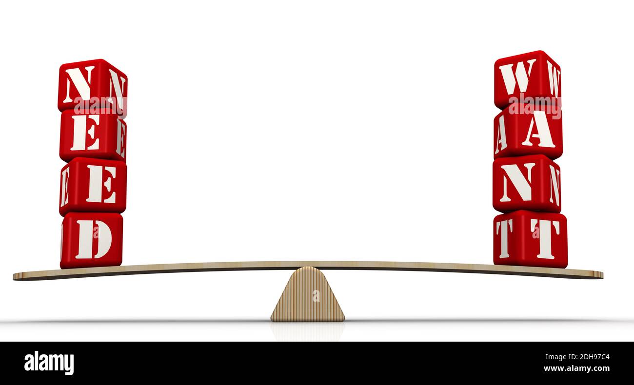 The words NEED and WANT (made from red cubes with letters) are weighed ...