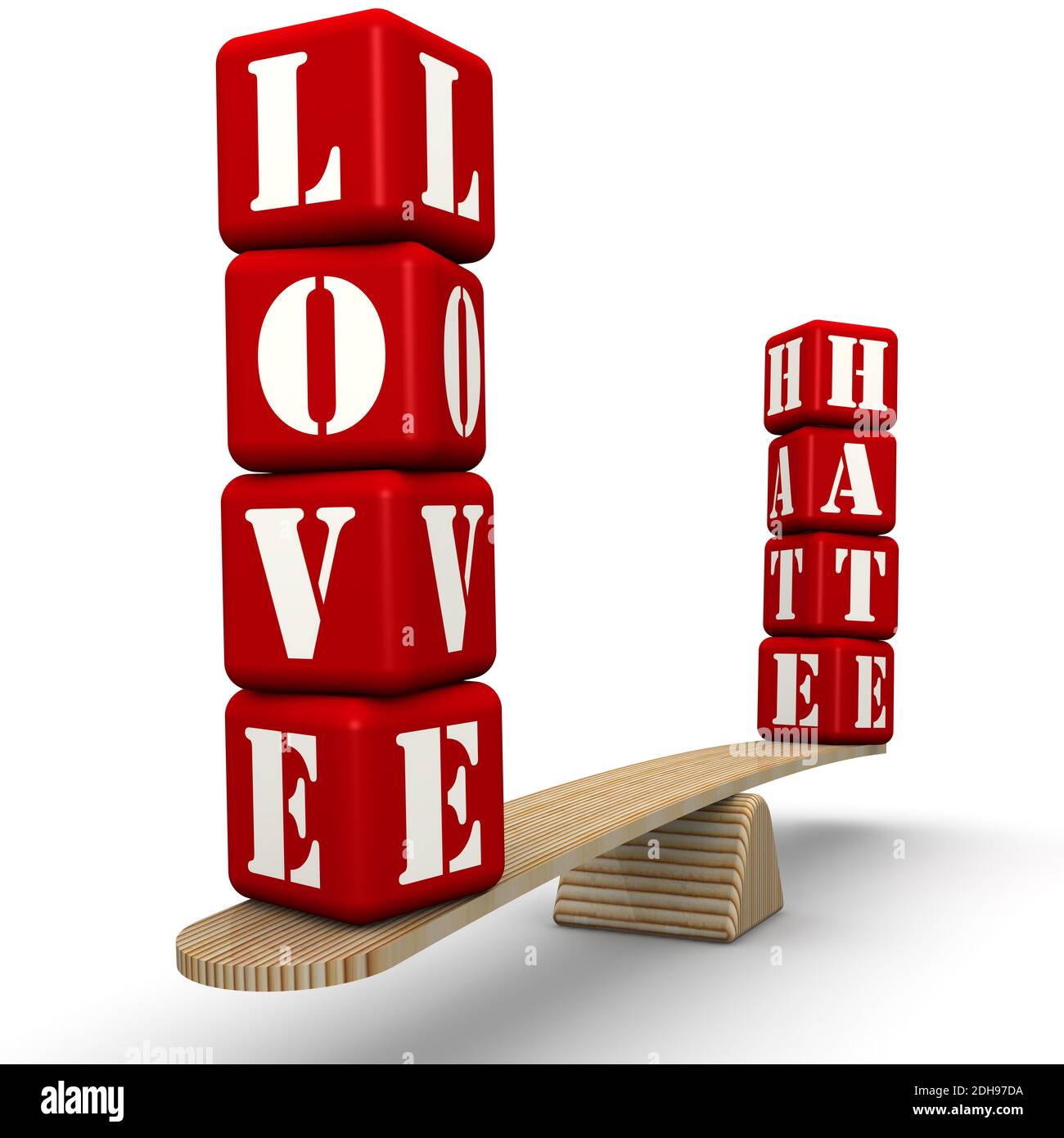 Hate or love. The words HATE and LOVE (made from red cubes labeled with ...