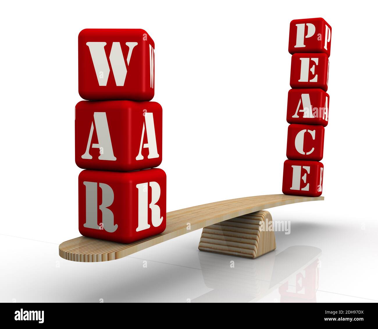 The words WAR and PEACE (made from red cubes with letters) are weighed ...