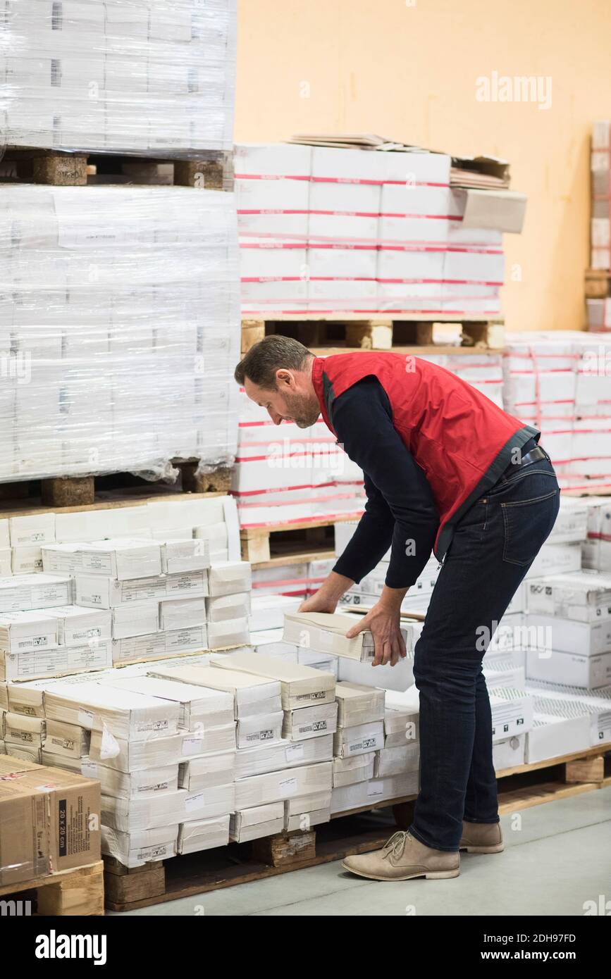 Side view of salesman arranging packages in hardware store Stock Photo ...