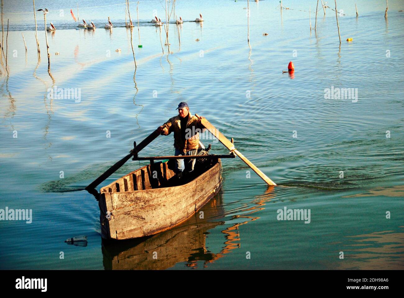 Fishing boat on Kerkini lake, an artificial reservoir created in 1932 ...