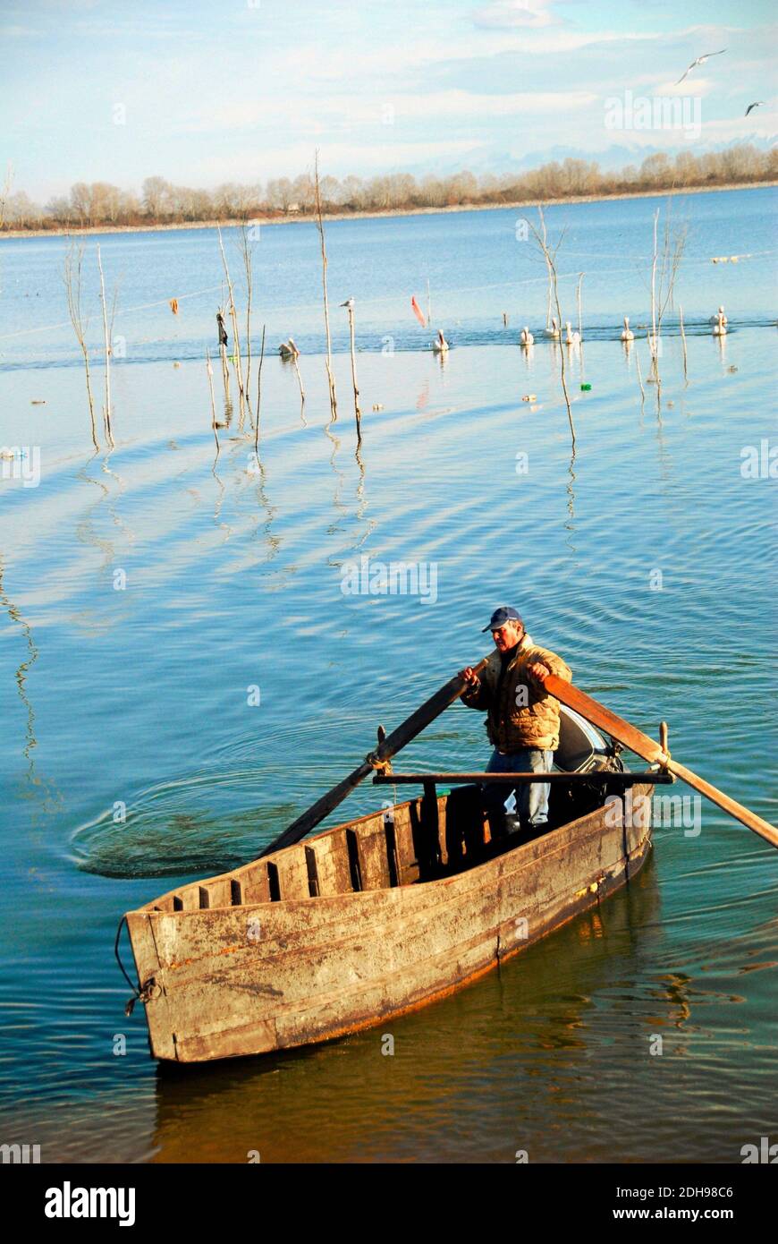 Fishing boat on Kerkini lake, an artificial reservoir created in 1932 ...