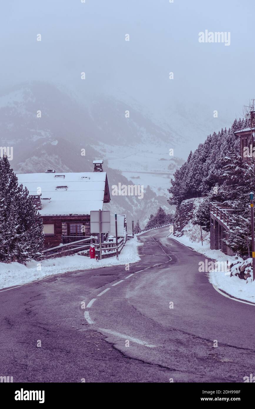 Street in a snow storm in the Pyrenees in Andorra Stock Photo - Alamy