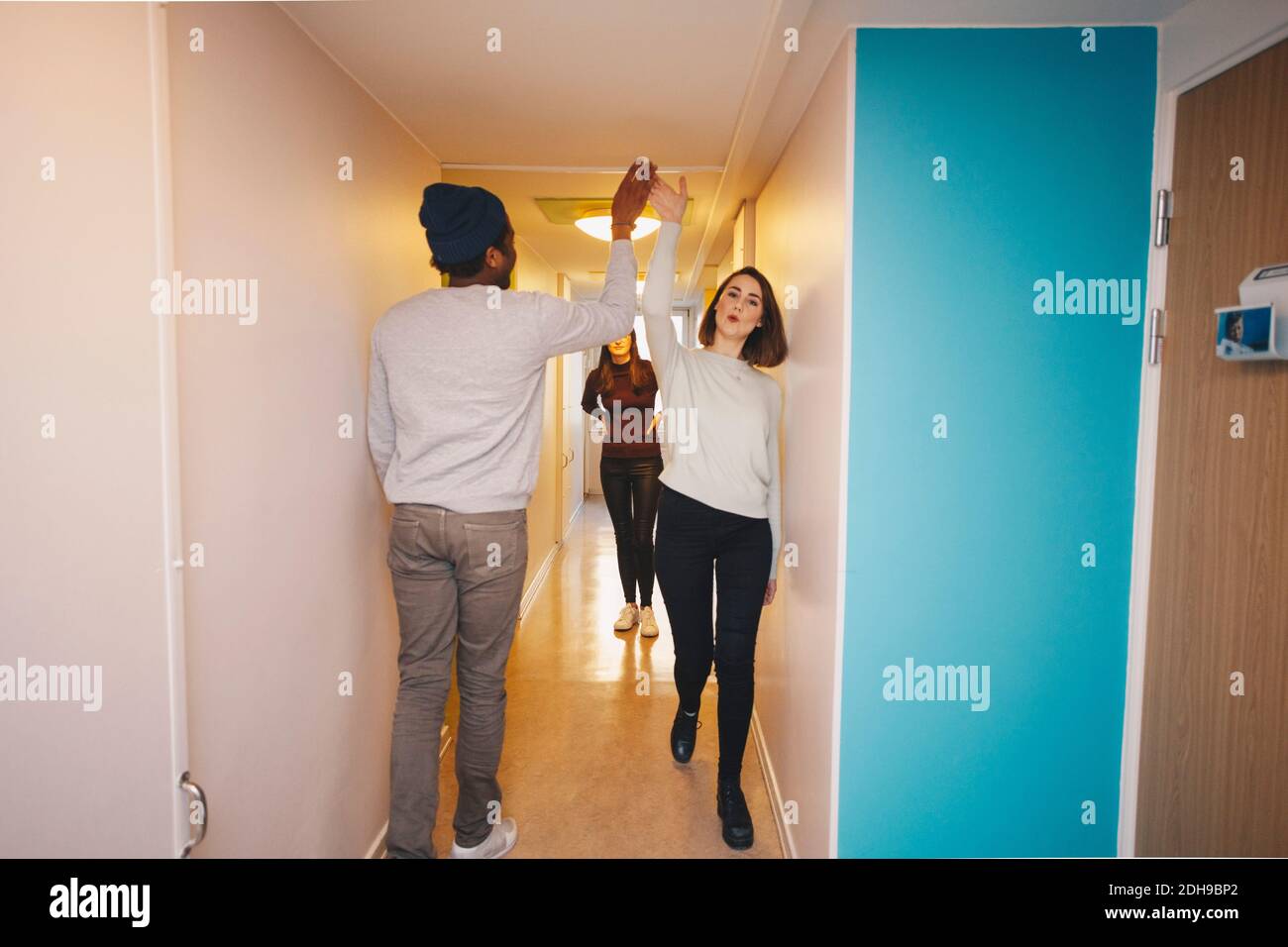 Young friends giving high-five walking in corridor of college dorm ...