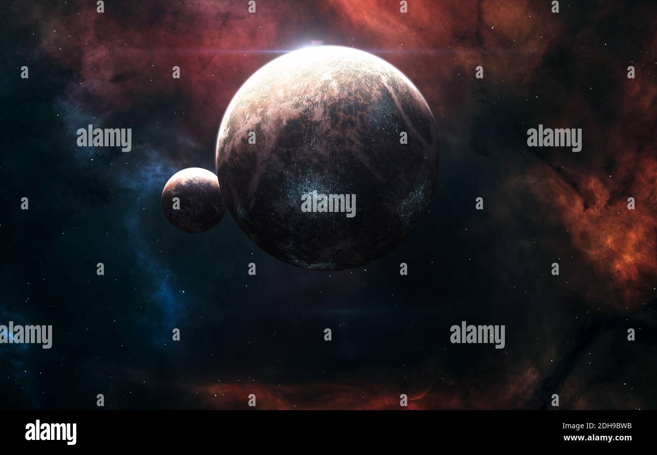 Inhabited planets in background of deep space nebulae Stock Photo - Alamy