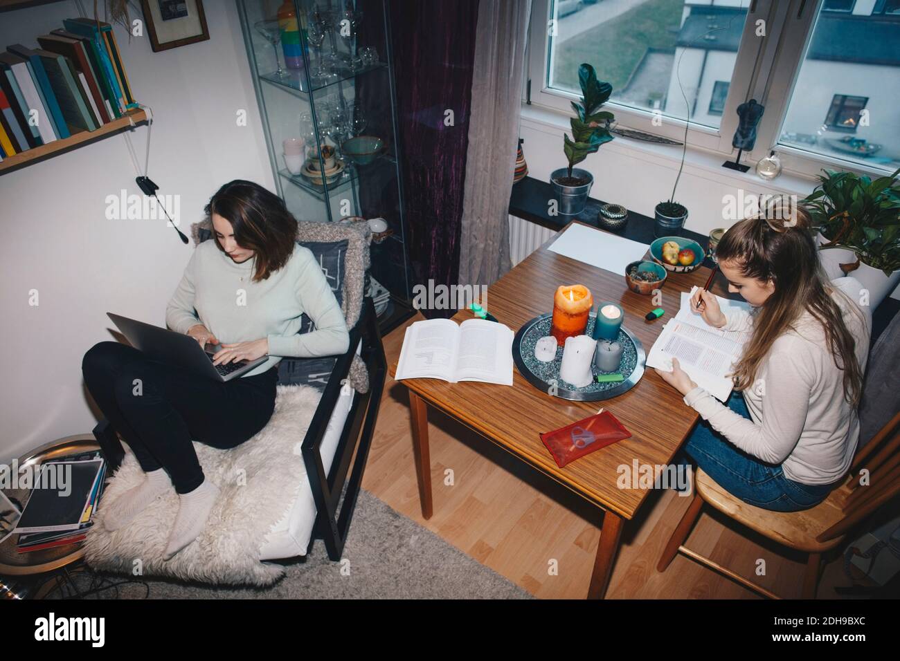 High angle view of young female roommate studying in college dorm room ...