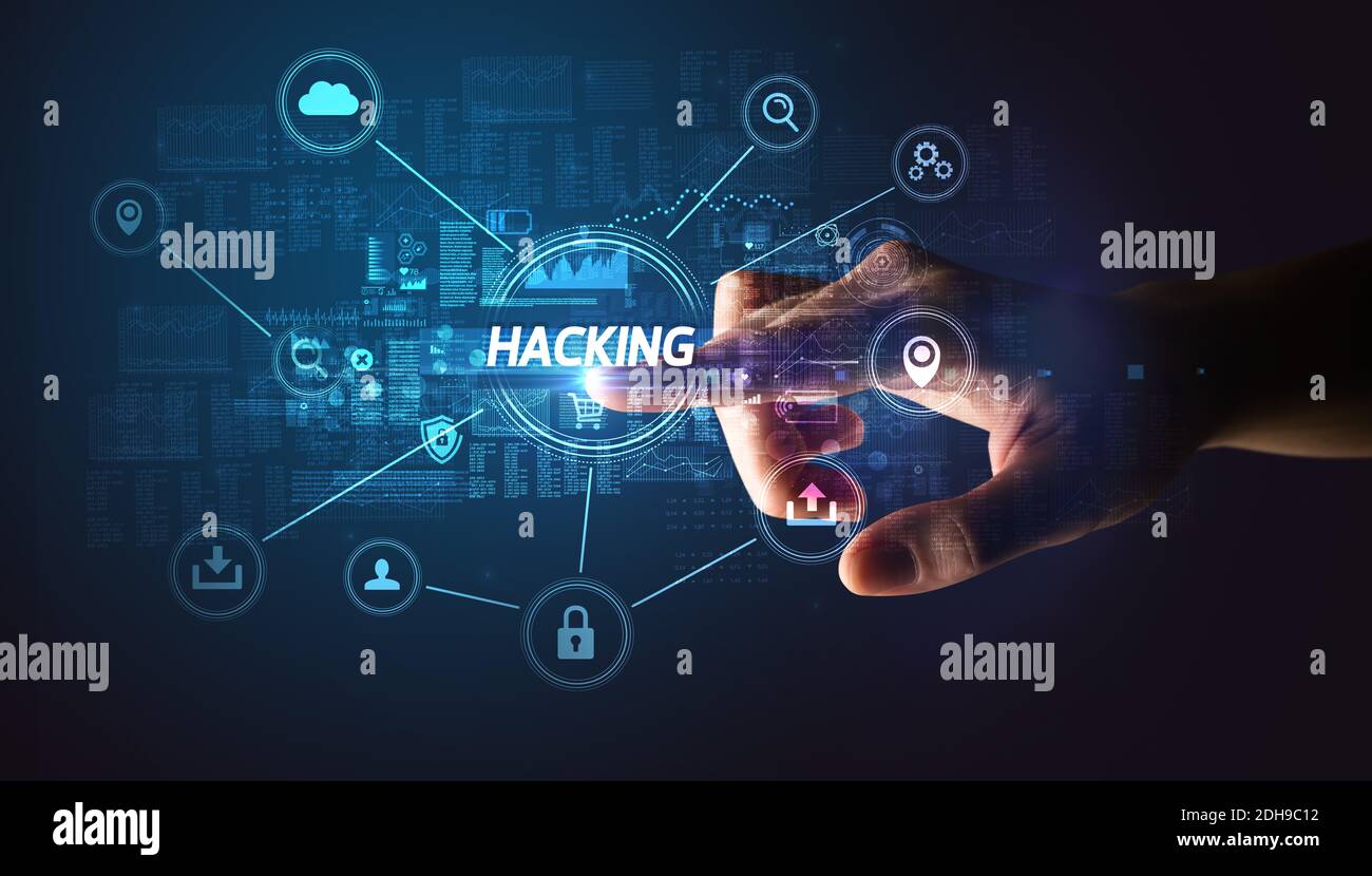 Hand touching HACKING inscription, Cybersecurity concept Stock Photo ...
