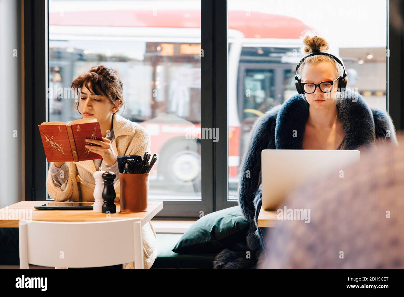 Customers reading novel and using laptop against window at coffee shop ...