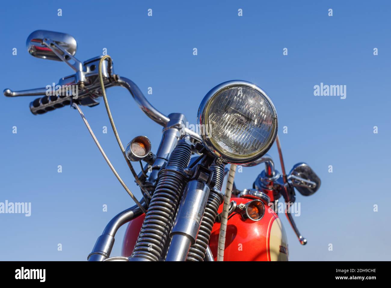 Front of a Harley Davidson motorcycle shot at an outdoor rally in ...