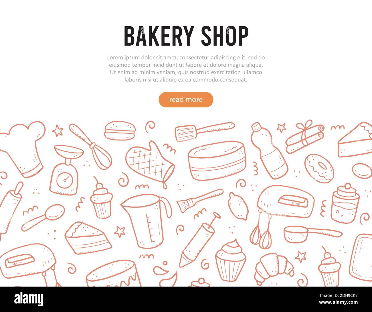 Hand drawn set of baking and cooking tools, mixer, cake, spoon, cupcake ...