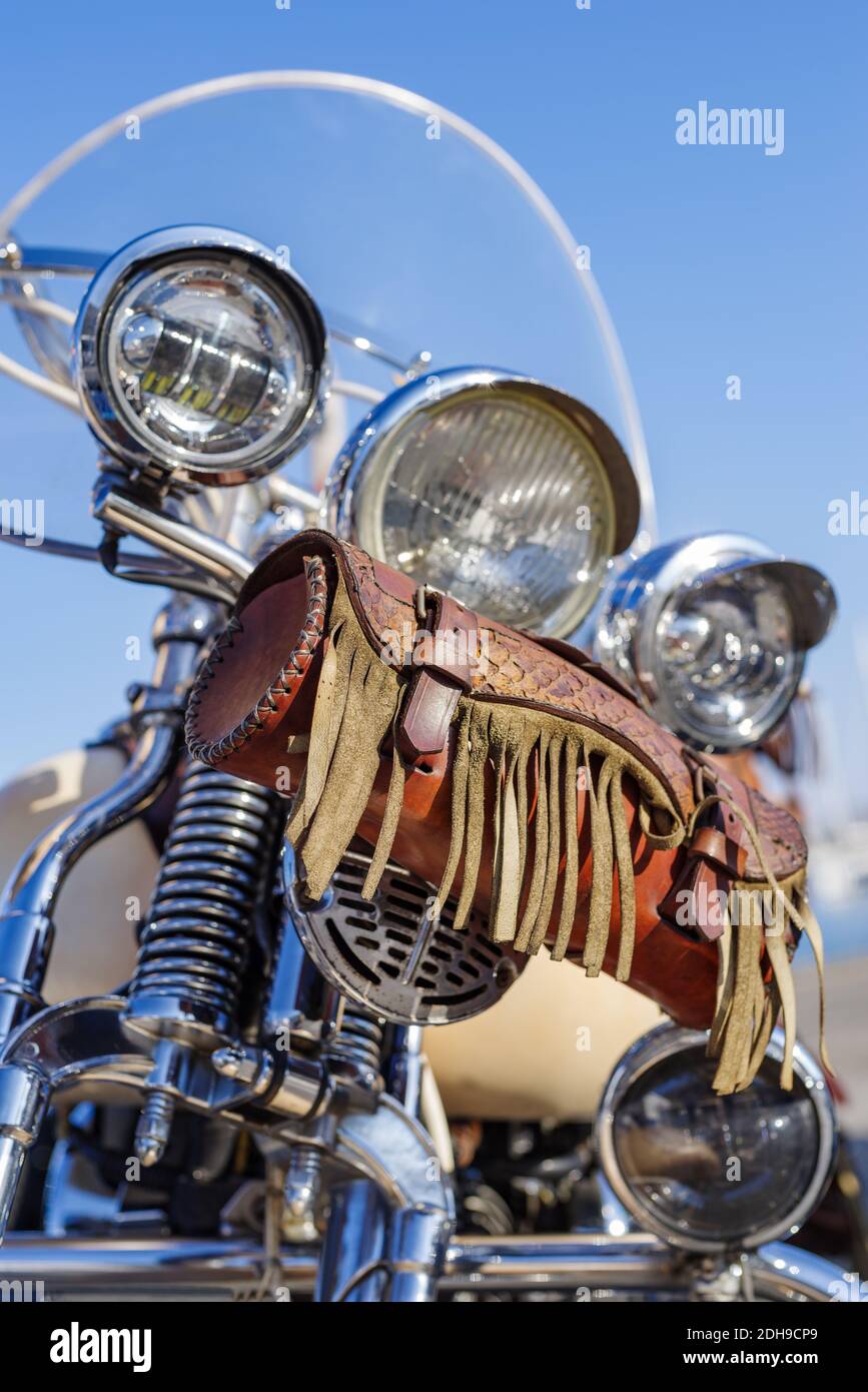 Front of a Harley Davidson motorcycle shot at an outdoor rally in ...