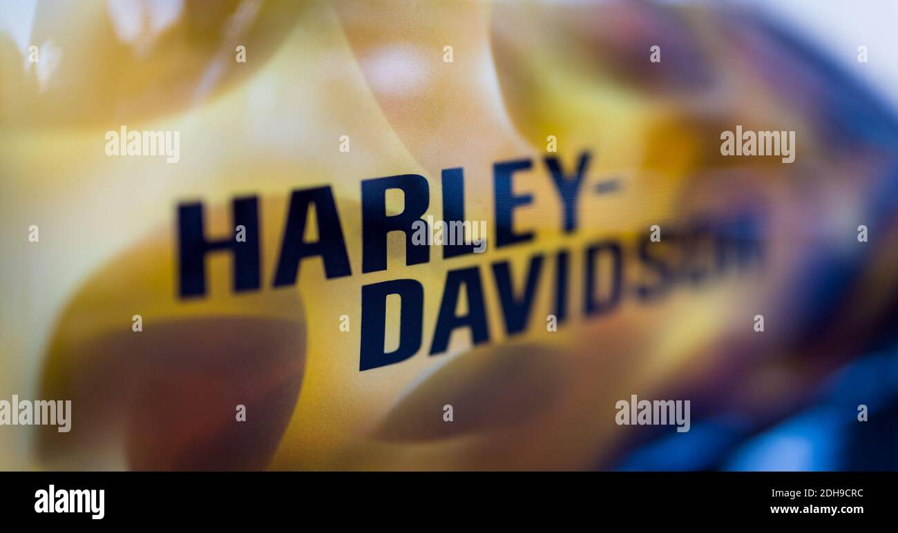 Harley Davidson logo on a motorcycle fuel tank shot at an outdoor rally ...
