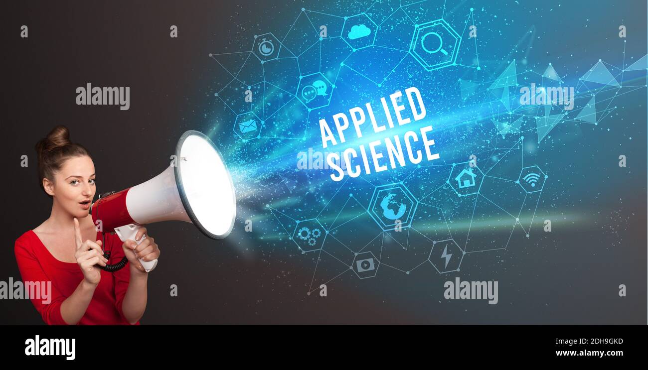 Young woman shouting in megaphone with APPLIED SCIENCE inscription ...