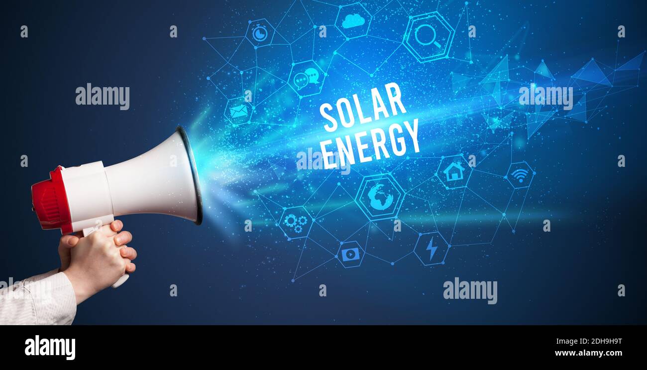 Young woman shouting in megaphone with SOLAR ENERGY inscription, Modern ...
