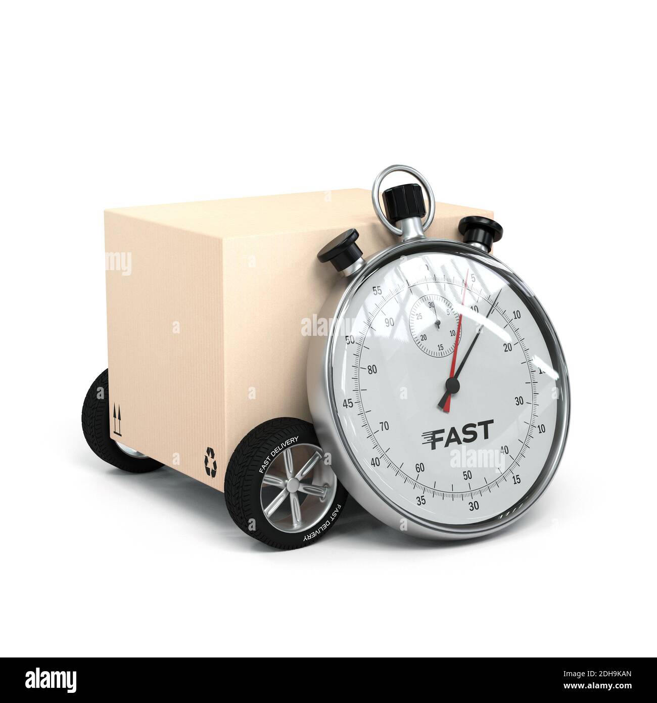 stopwatch placed in front of a cardboard box with wheels - 3D rendering ...