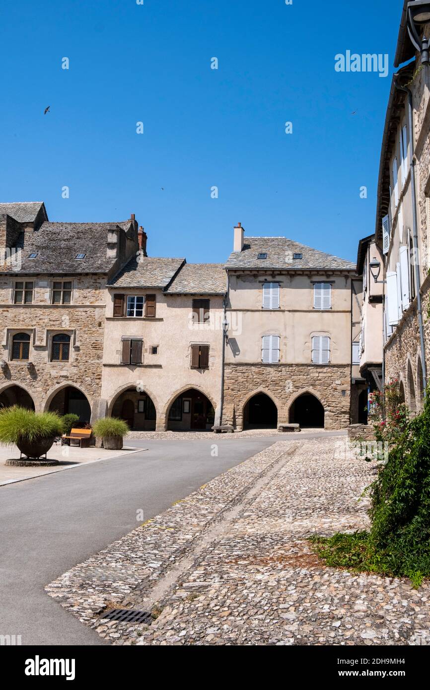 Sauveterre-de-Rouergue (south of France): traditional houses in “place ...