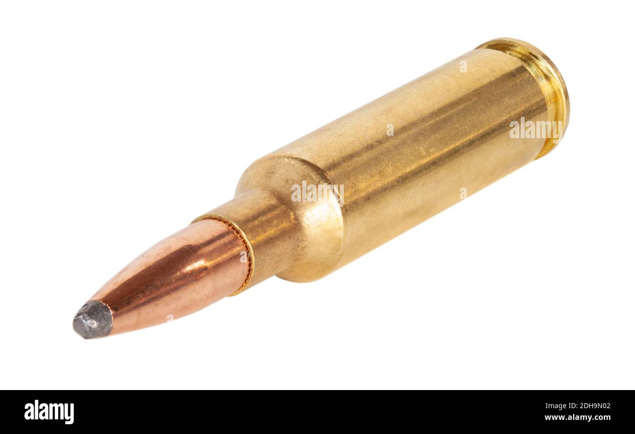 Large rifle cartridge with copper plated bullet on a white background ...