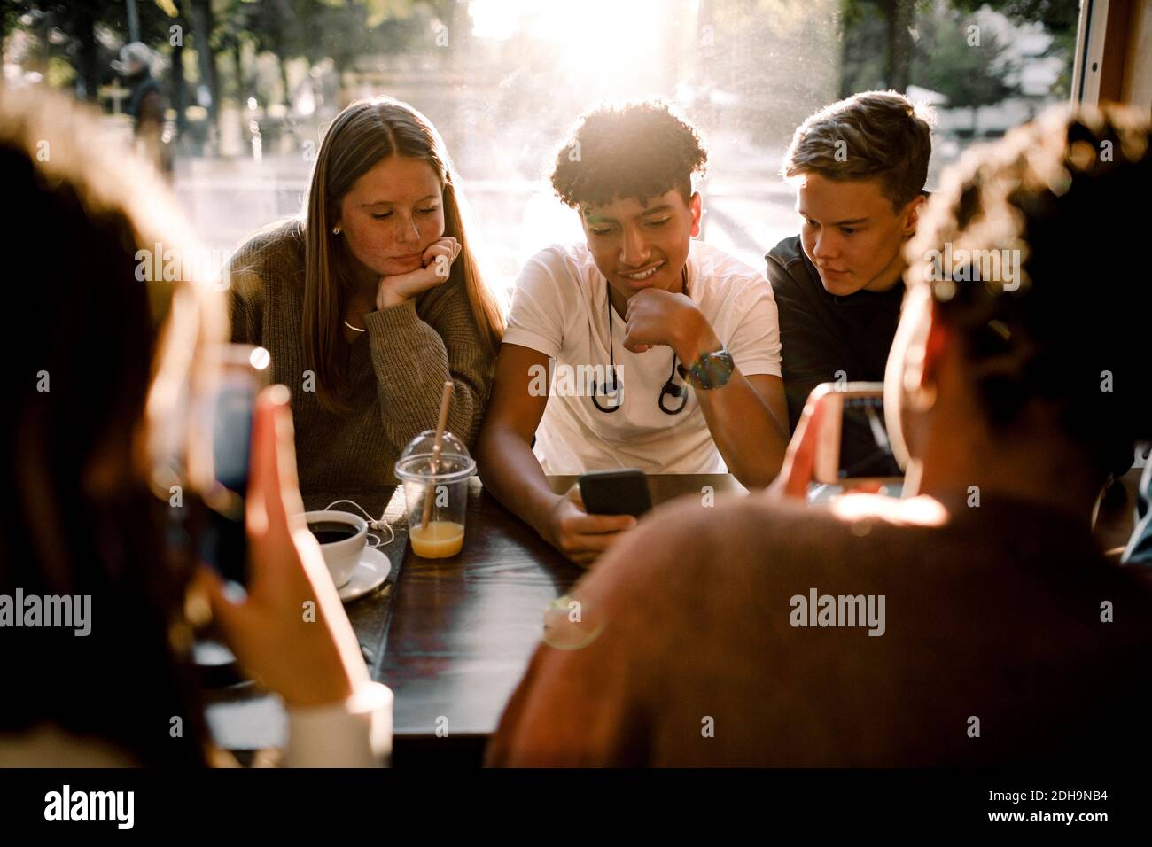 Teenage girls and boys using social media on smart phones while sitting ...