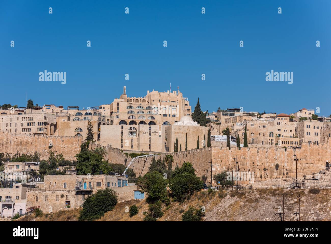 Historic buildings and skylines, and the wall of old city of Jerusalem ...