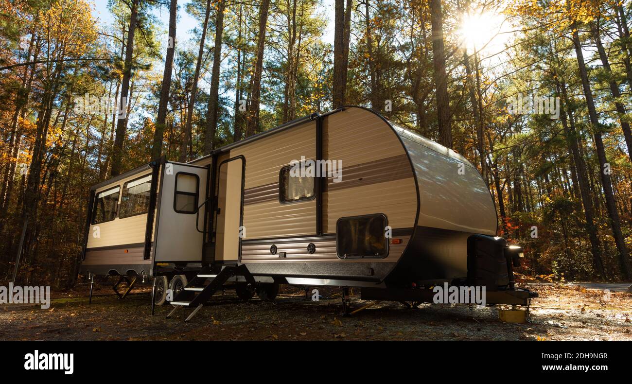 Camper trailer in late fall at Jordan Lake North Carolina Stock Photo ...