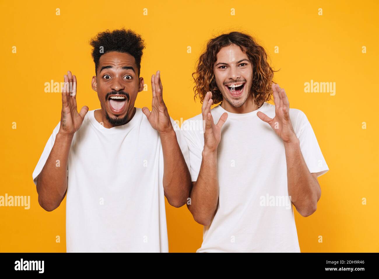 Delighted multicultural two guys expressing surprise on camera isolated ...