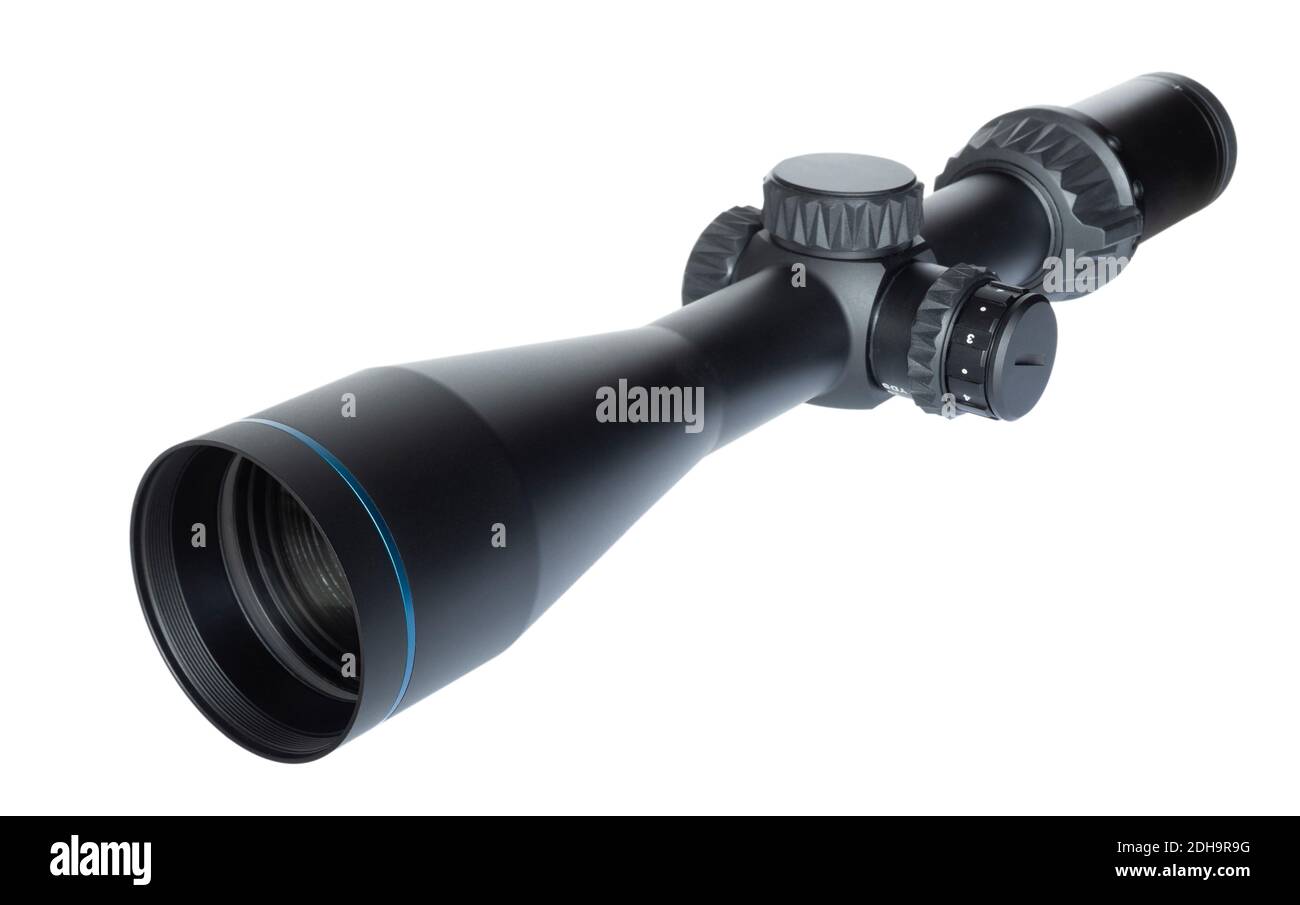 Quartering view of a high powered rifle scope isolated on white Stock ...