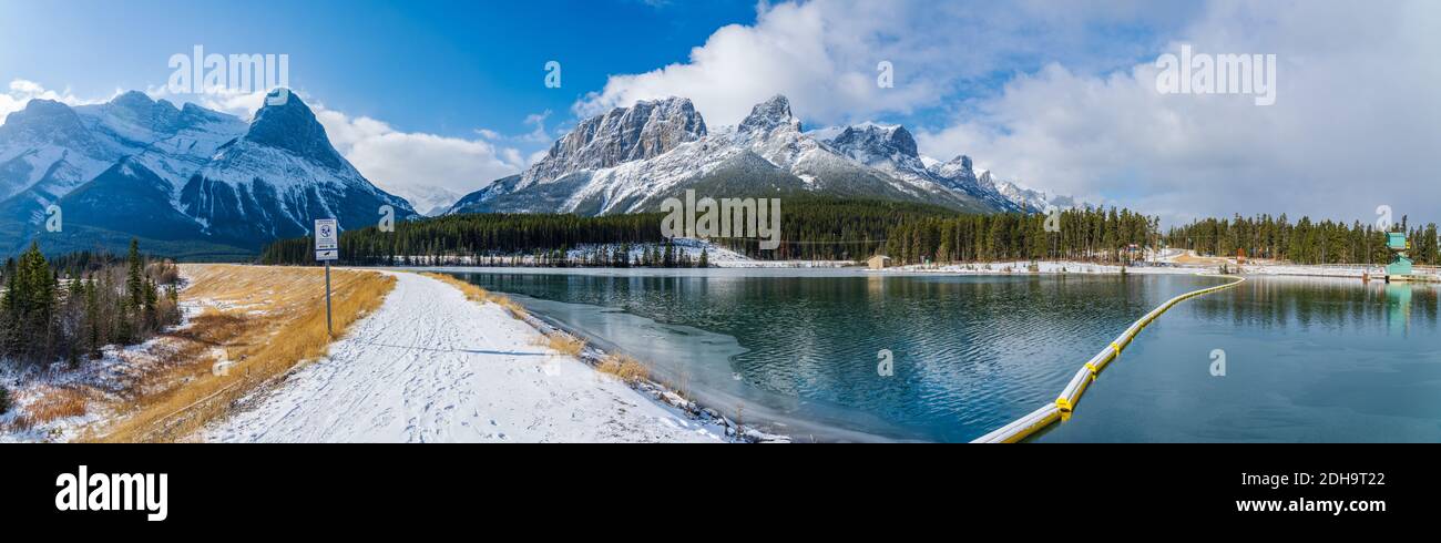 Rundle Forebay Reservoir in winter sunny day morning. Clear blue sky ...