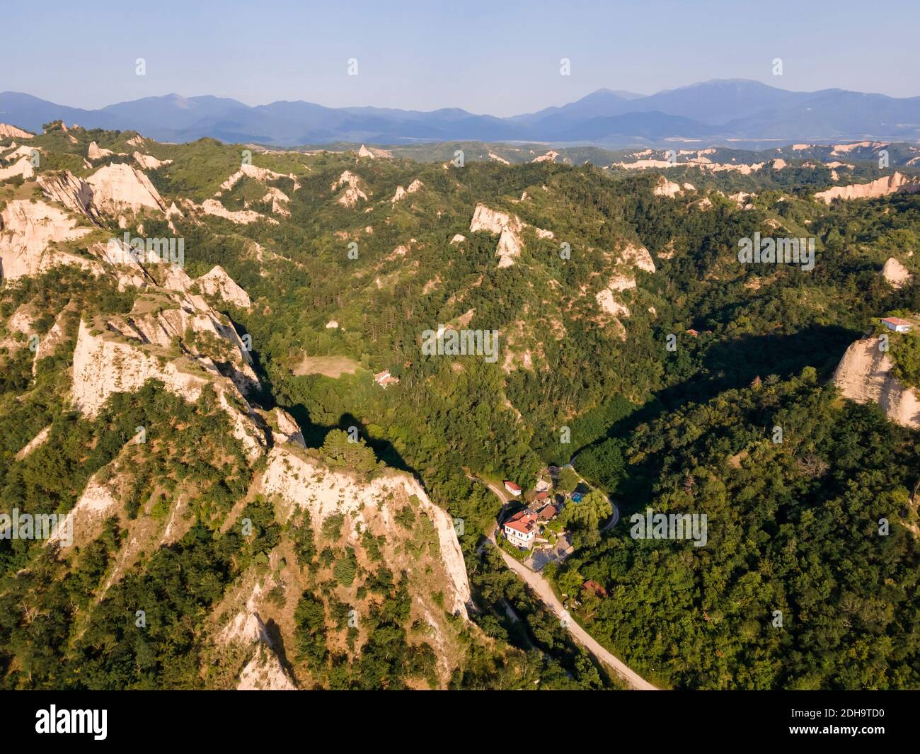 Aerial sunset view of Melnik sand pyramids, Blagoevgrad region ...