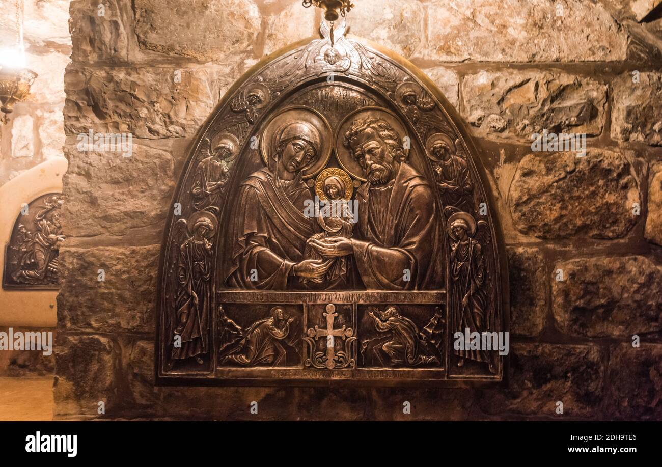 Bas-reliefs of Baby Jesus and parents Birth place of Virgin Mary under ...