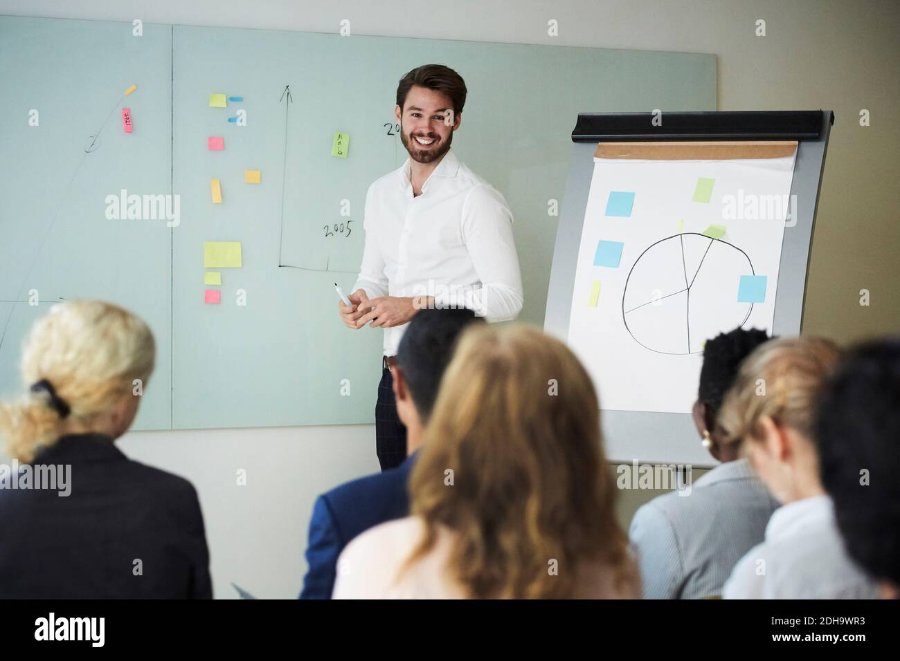 Smiling entrepreneur giving presentation to male and female coworkers ...