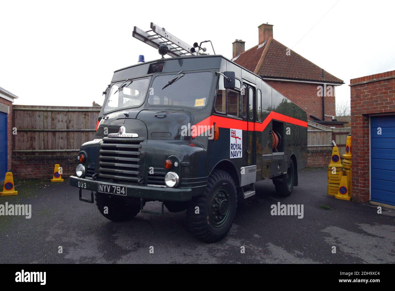 A Royal Navy Green Goddess Fire Appliance is ready to go in to action ...