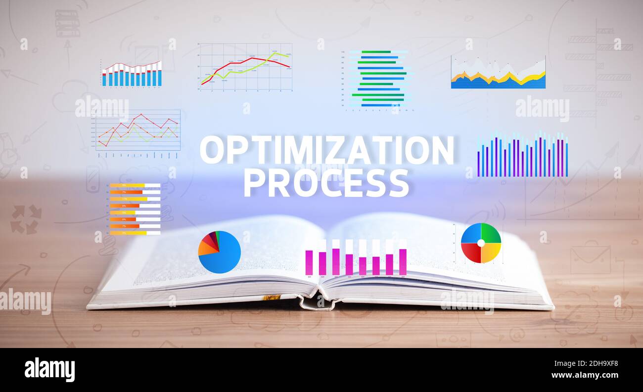 Open book with OPTIMIZATION PROCESS inscription, new business concept ...